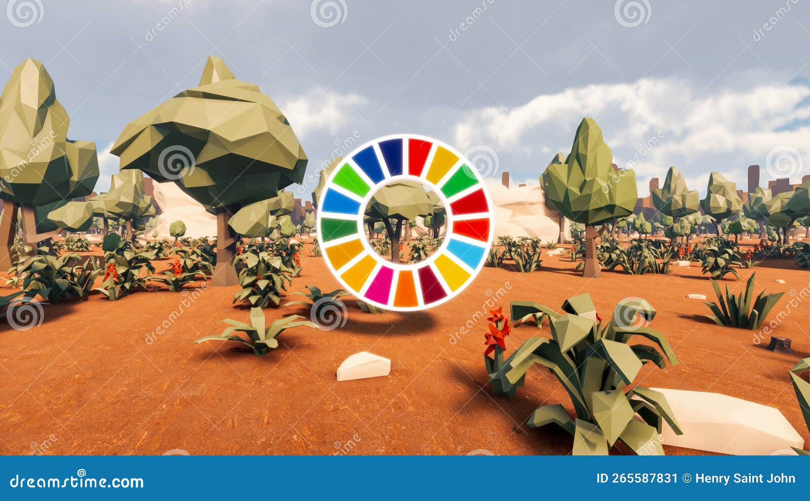 3D Render Low Polygon Background with Natural Landscape Scenery and SDG ...