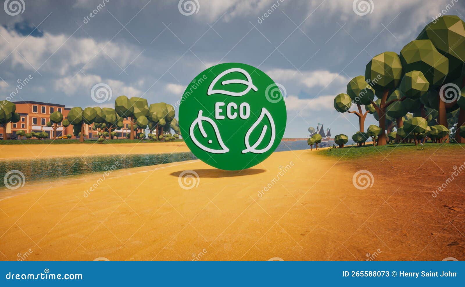 3D Render Low Polygon Eco Icon in Center with Environment in Background ...