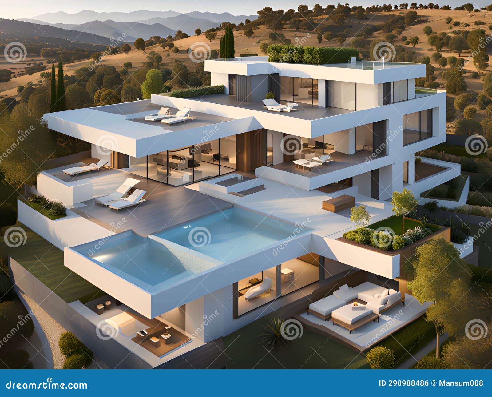 3d Render of Luxury Hotel on a Hill with Sea Stock Illustration ...