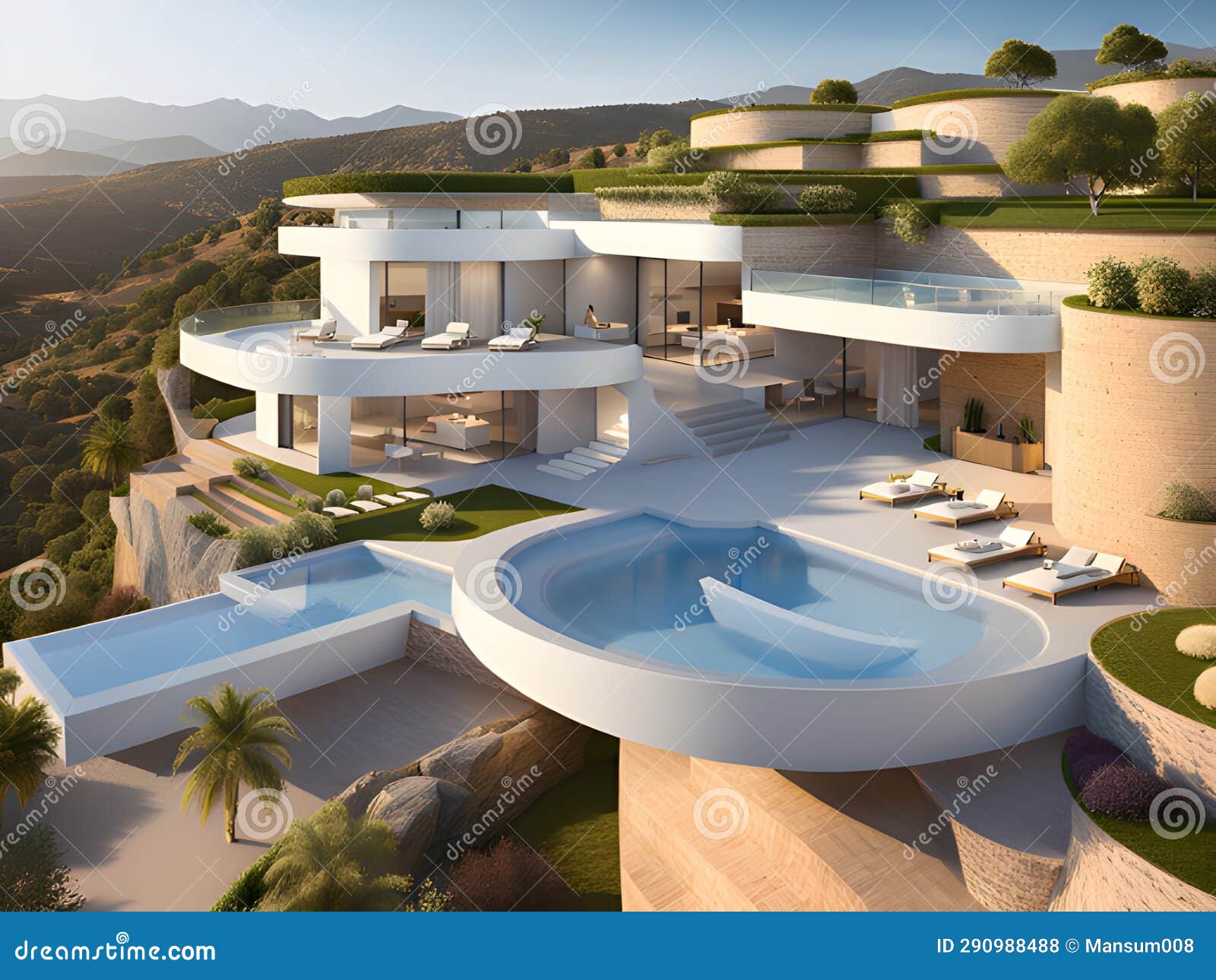 3d Render of Luxury Hotel on a Hill with Sea Stock Illustration ...