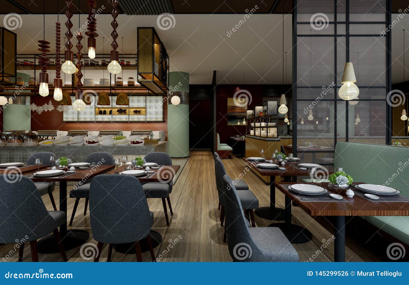 3d Render Luxury Restaurant Cafe Stock Illustration - Illustration of ...