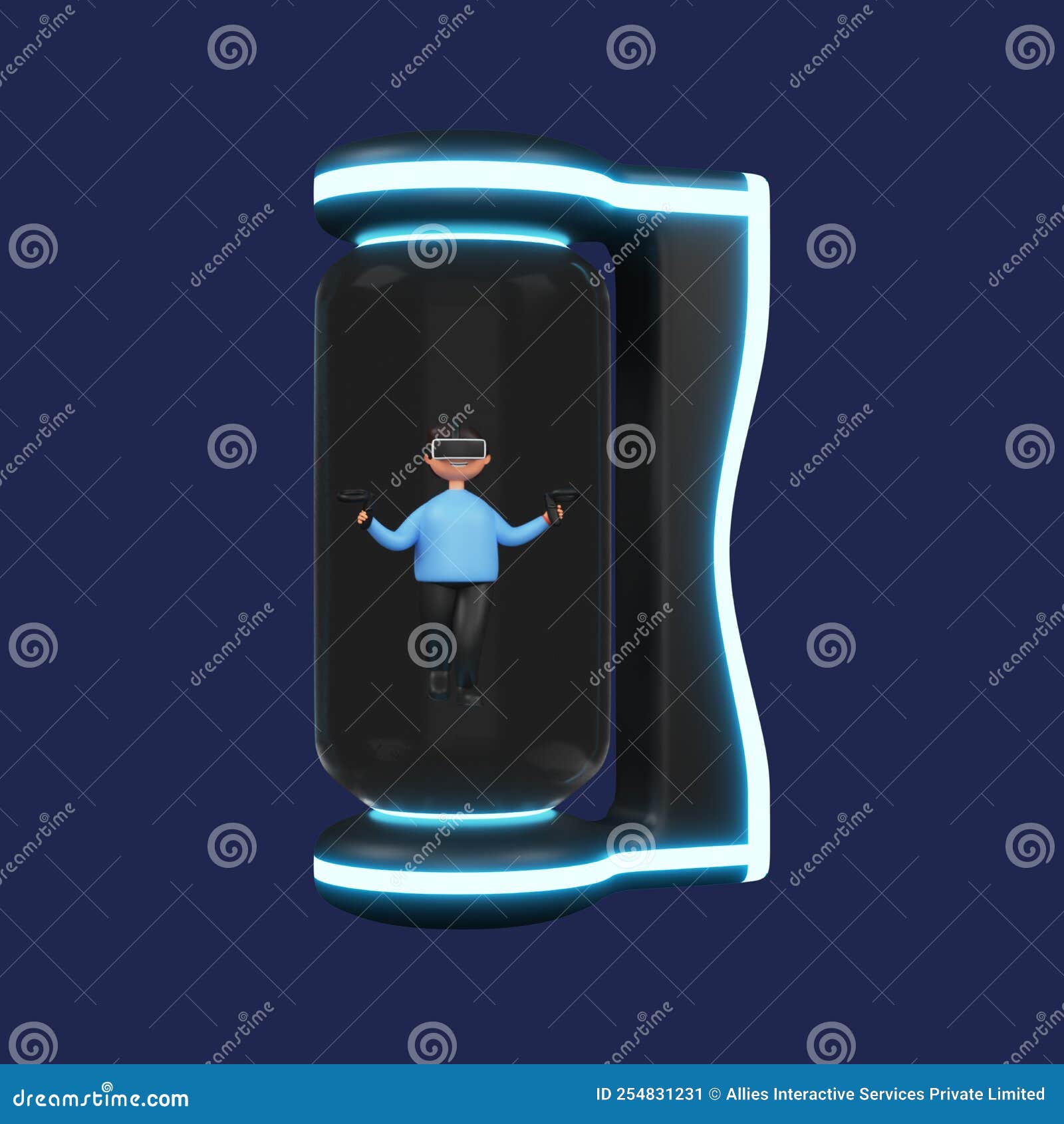 3D Render Male Character Wearing VR Helmet with Controller in Glass Pod ...