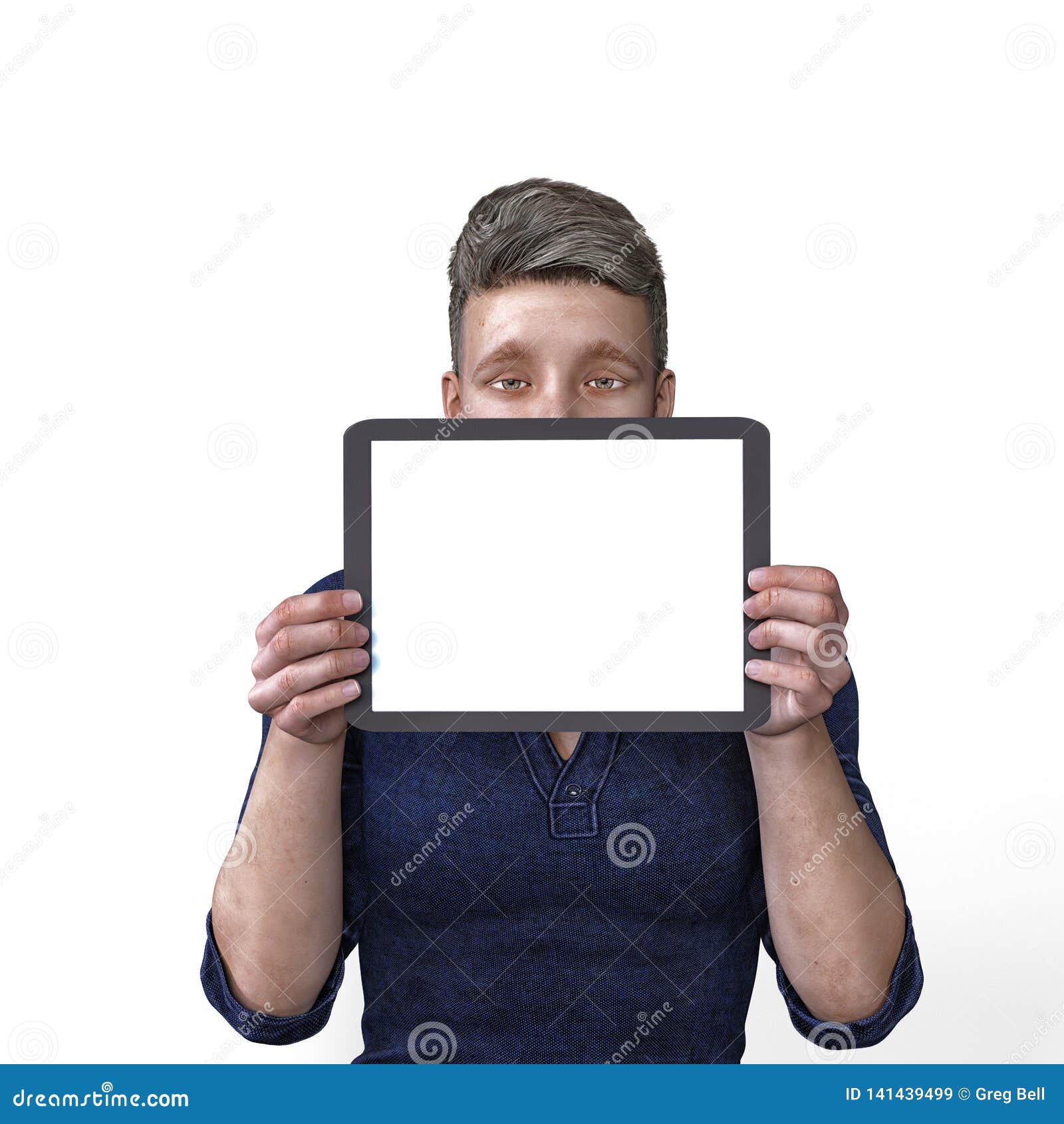 3D Render of a Male Holding a Blank Tablet for Content and Looking Sad ...