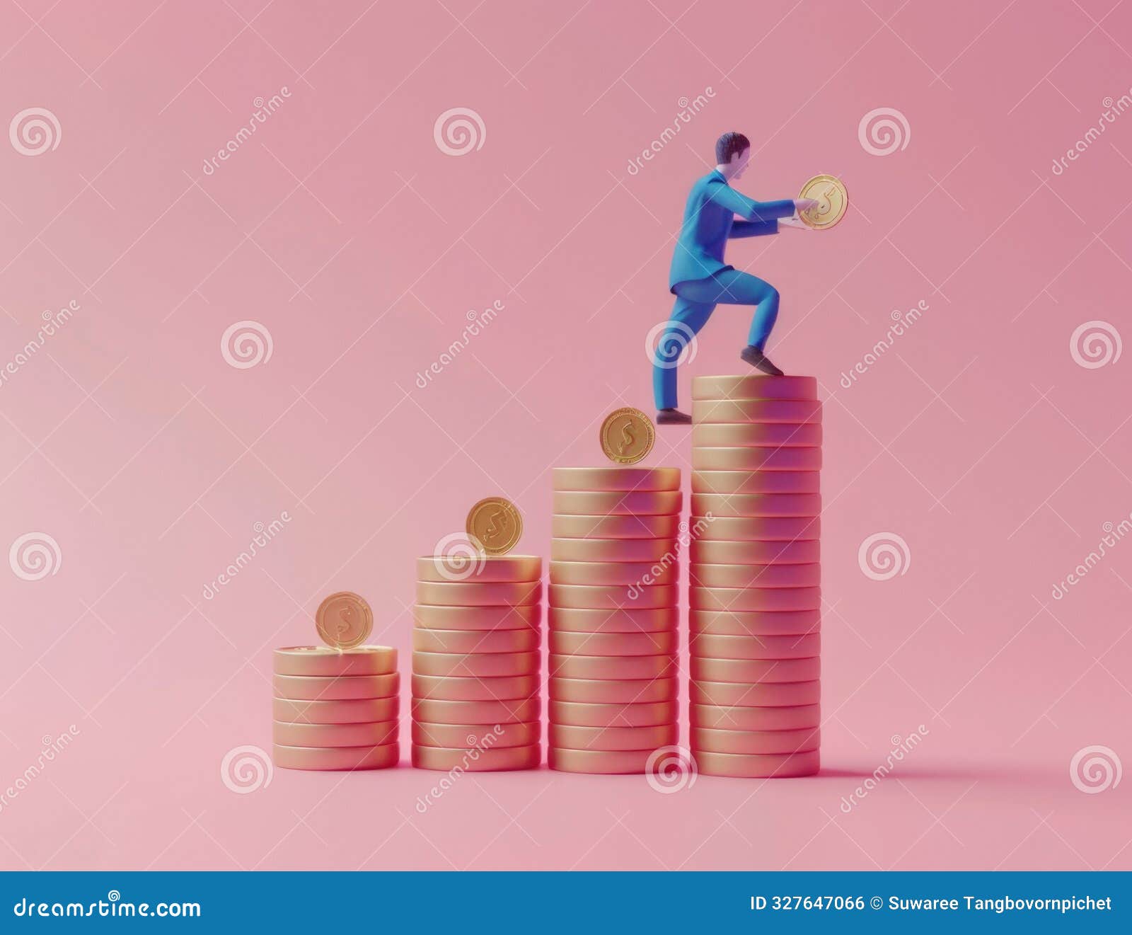 3d Render of Man in Blue Suit Climbing Bar Graph Made from Stack Coins ...