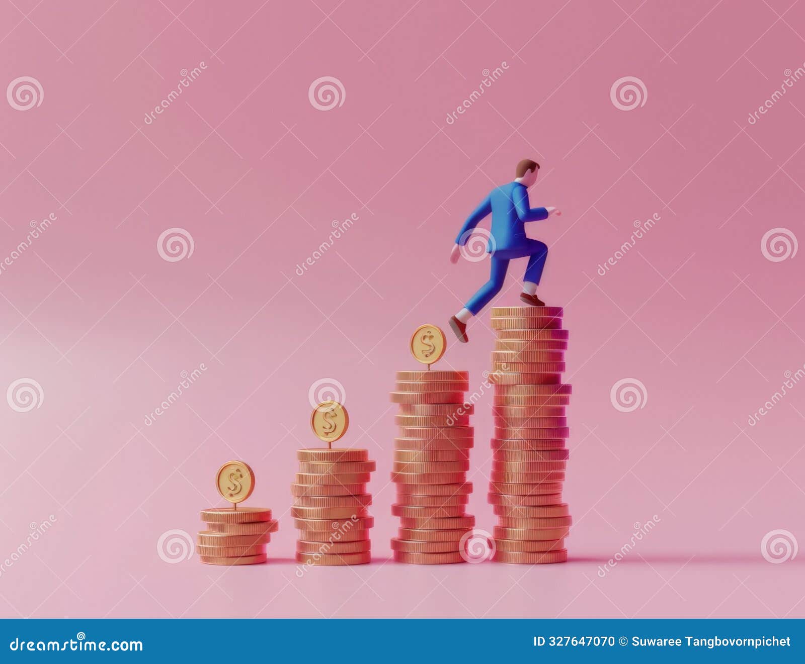 3d Render of Man in Blue Suit Climbing Bar Graph Made from Stack Coins ...