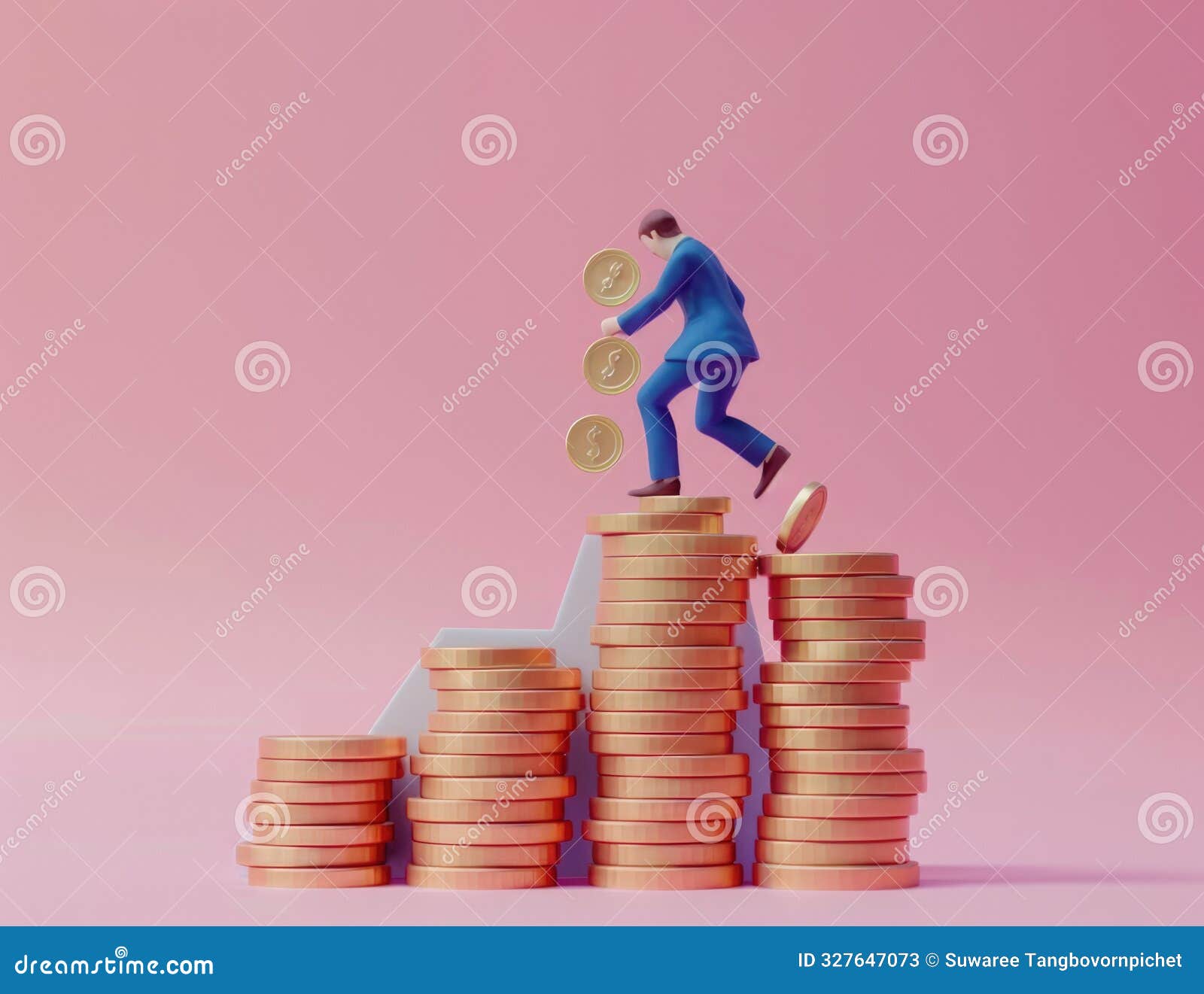 3d Render of Man in Blue Suit Climbing Bar Graph Made from Stack Coins ...