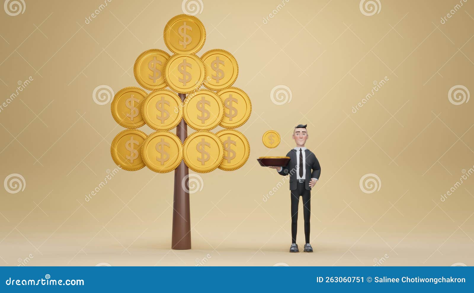 3d Render. a Man Catching Dollar Coin from Money Tree on the Background ...
