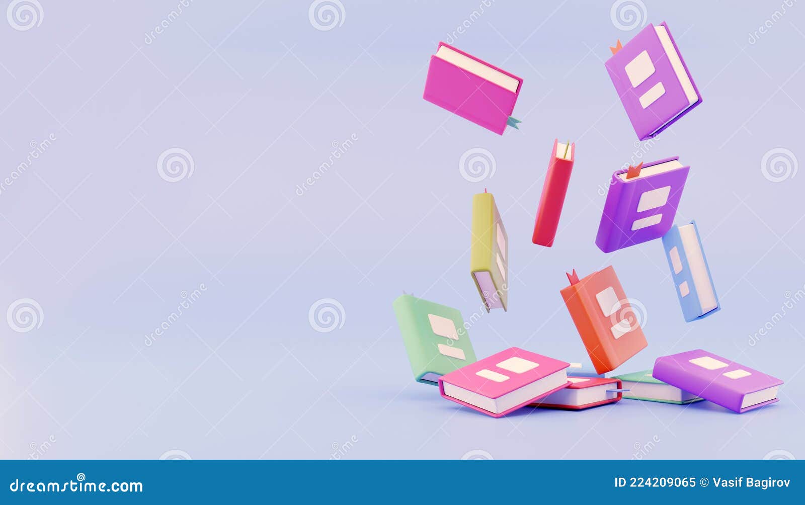3d Render. Many Stacked Books Falling on Blue Background Free Area for ...
