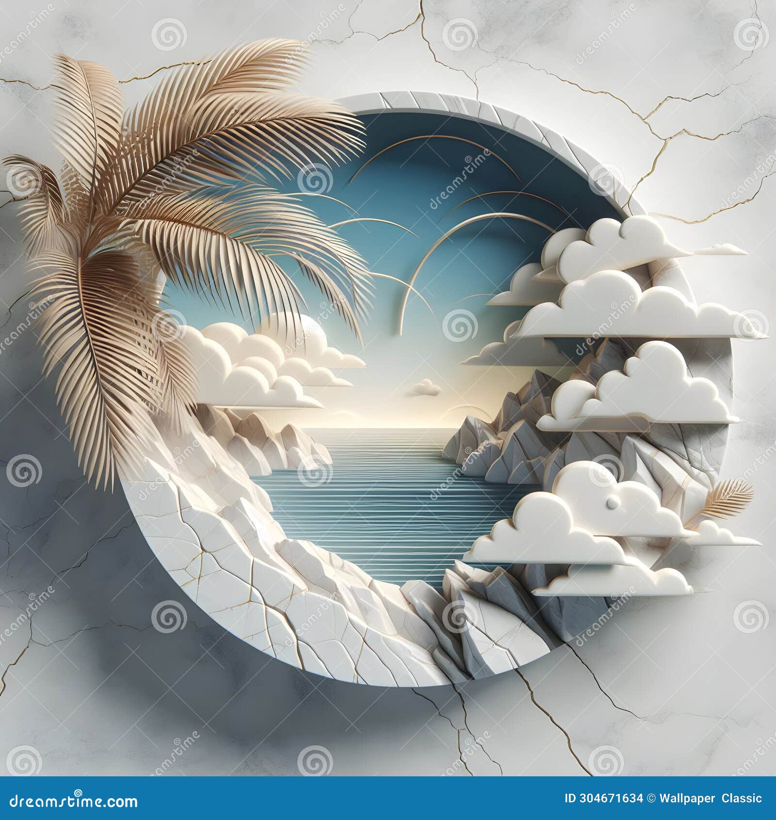 3d Render Marble Palm Tree Sky Clouds Ai Generator Stock Illustration ...