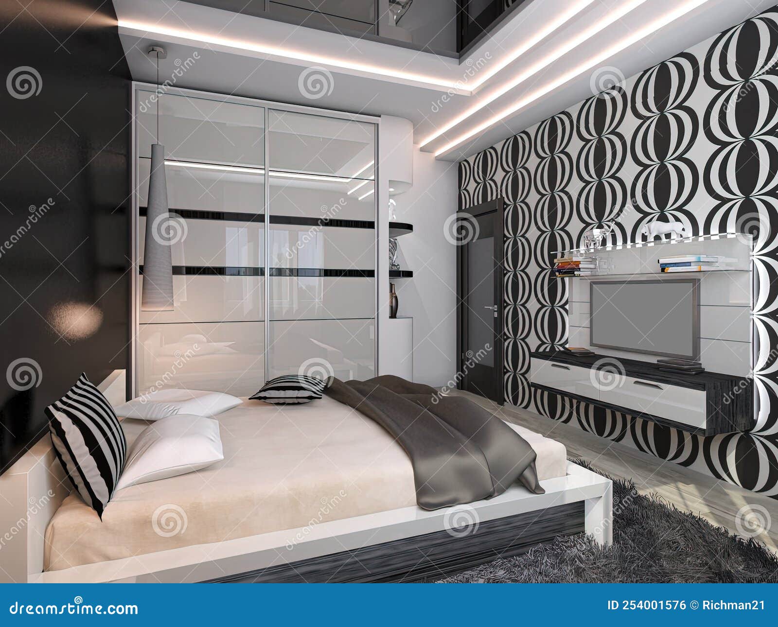 3d Render of the Master Bedroom Interior Concept with Built-in Wardrobe ...