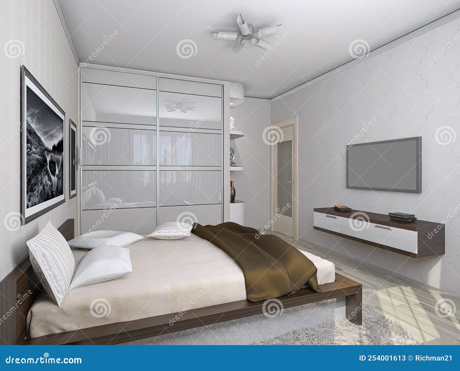 3d Render of the Master Bedroom Interior Concept with Built-in Wardrobe ...