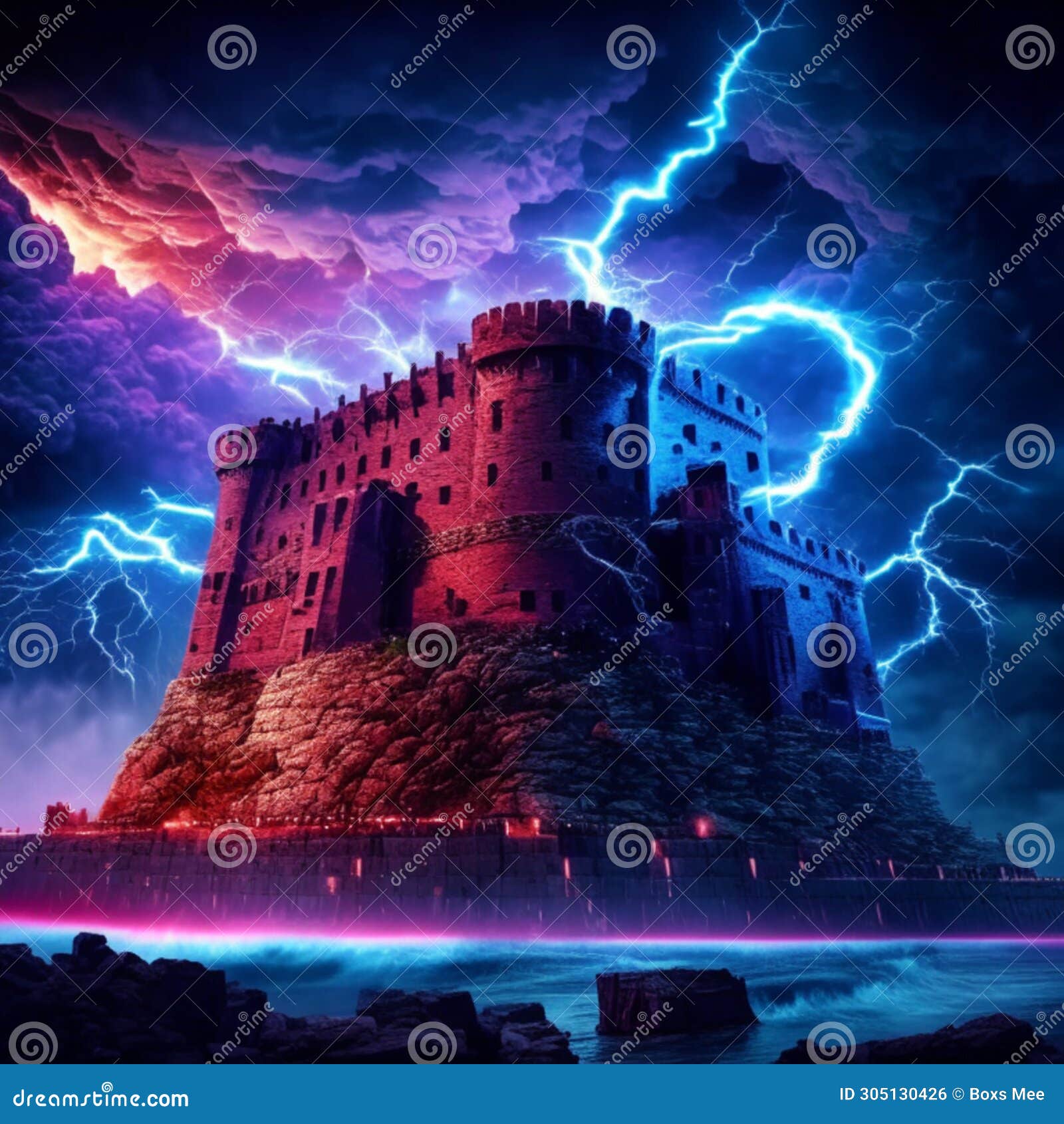 3D Render of a Medieval Castle with Lightning in the Background. AI ...