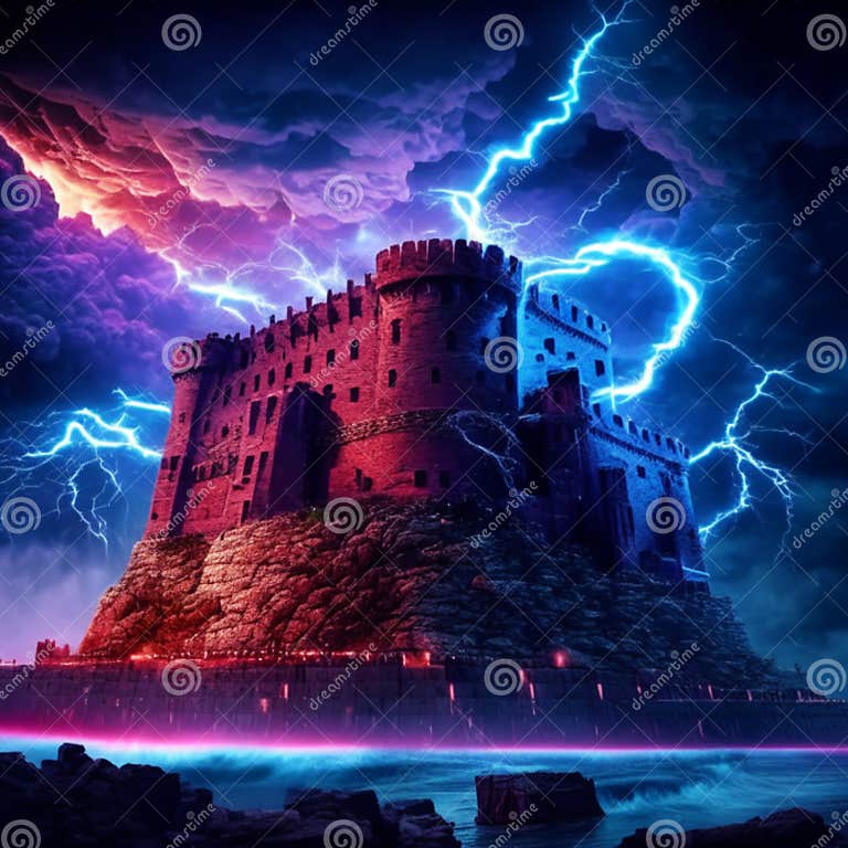 3D Render of a Medieval Castle with Lightning in the Background. AI ...