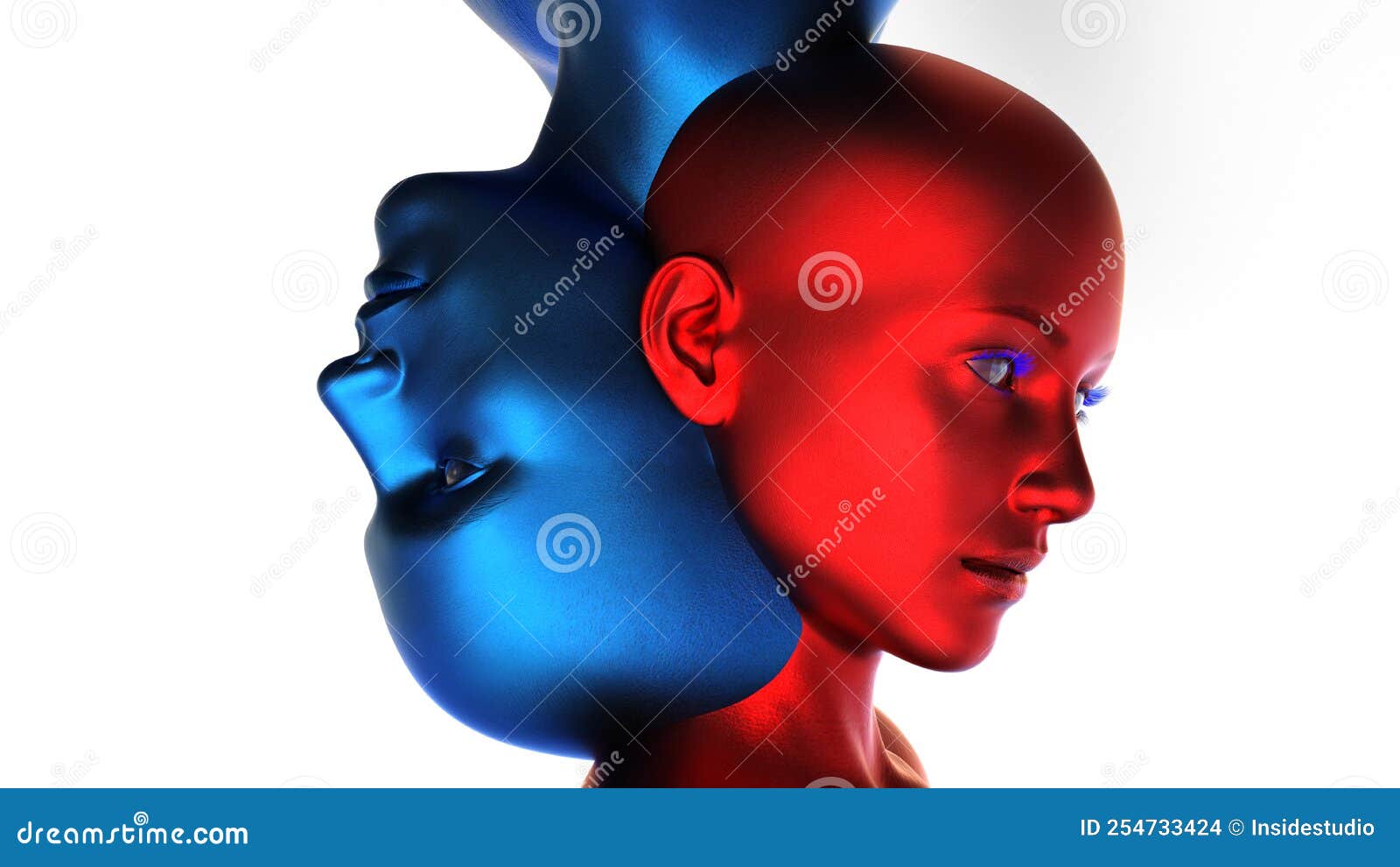 3d Render. Merger of a Male Blue Head and a Red Female Head on a White ...