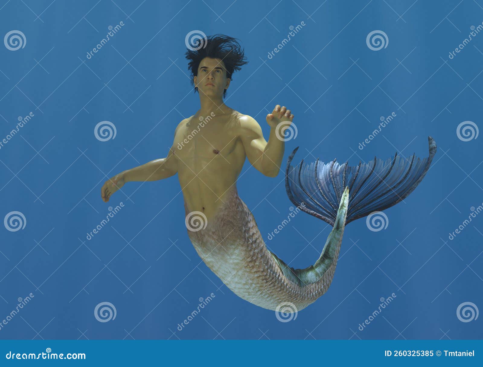 3D Render: a Merman Creature Character is Swimming the Deep Blue Sea ...