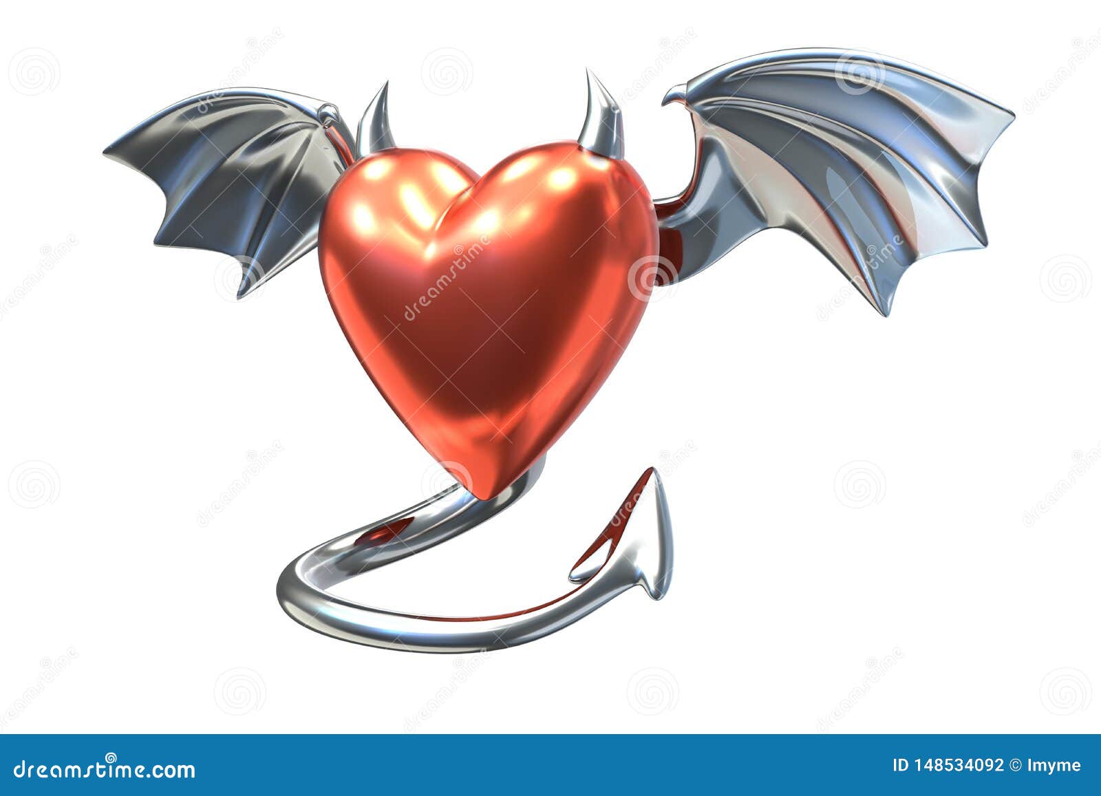 3D Render of Metallic Heart Shape with Devil Wings Isolated on White ...
