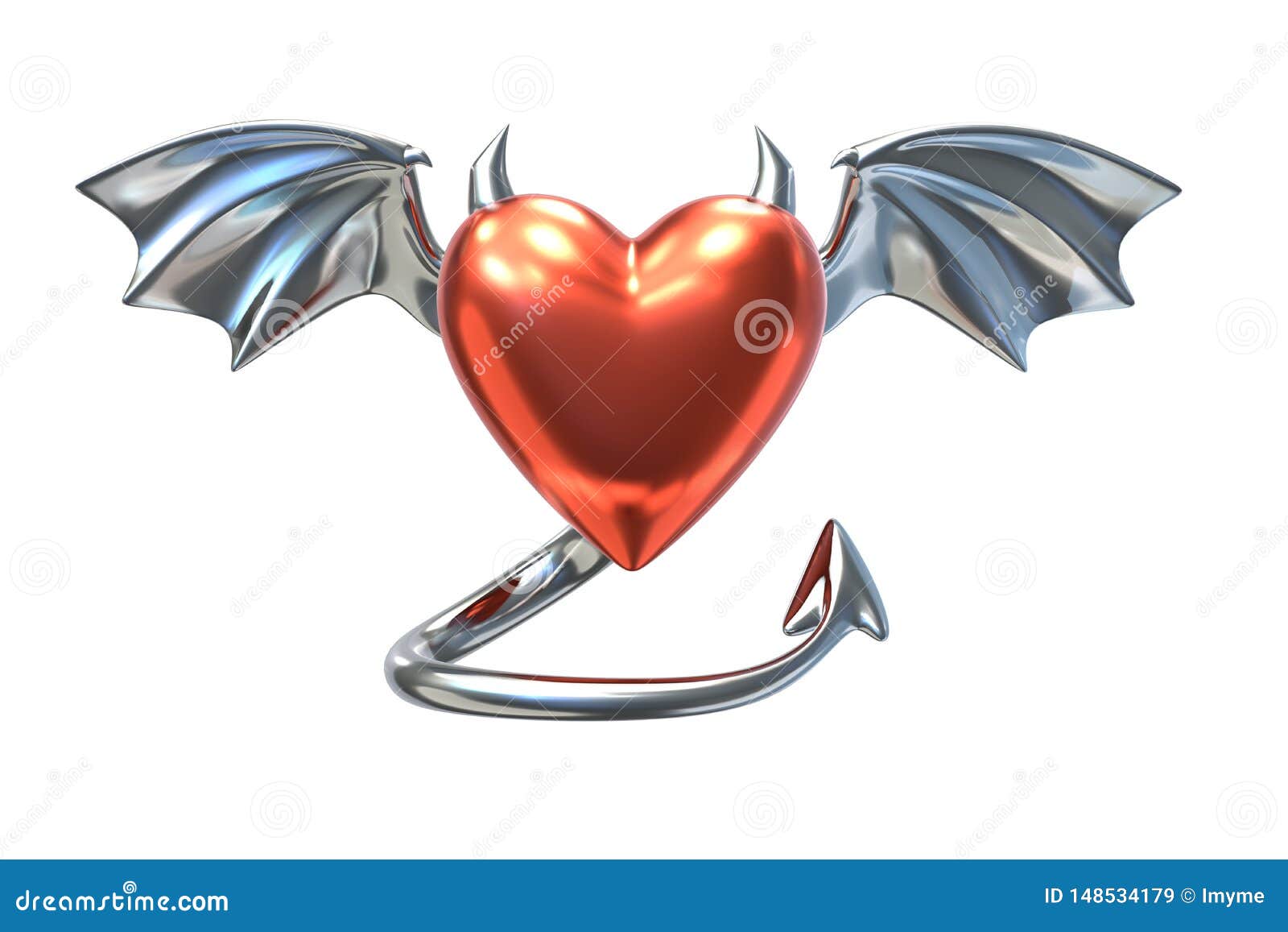3D Render of Metallic Heart Shape with Devil Wings Isolated on White ...
