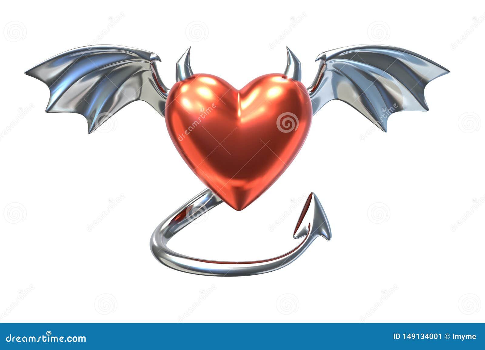 3D Render of Metallic Heart Shape with Devil Wings Isolated on White ...