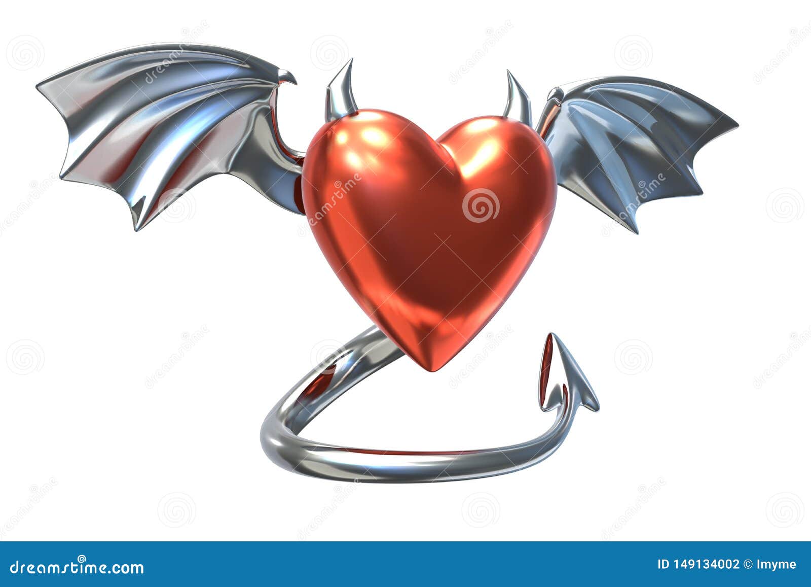 3D Render of Metallic Heart Shape with Devil Wings Isolated on White ...
