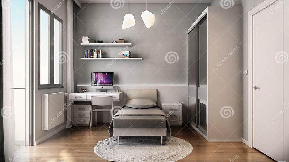 3d Render of Modern Single Bedroom Stock Illustration - Illustration of ...