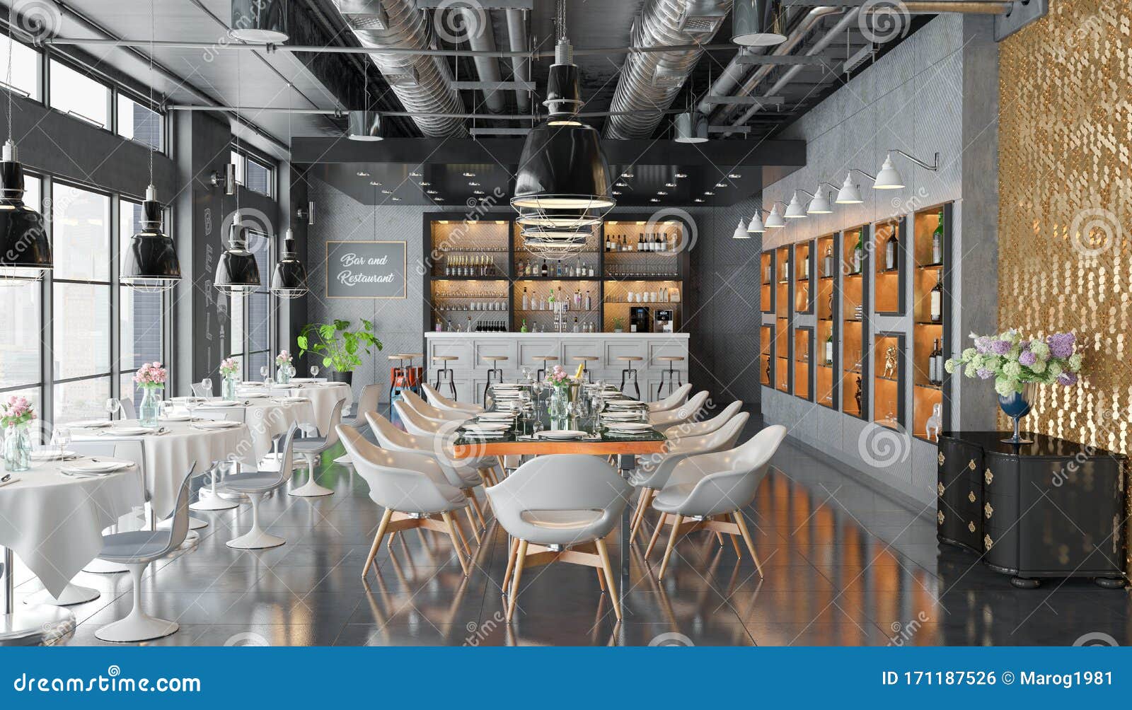 3d Render of a Modern, Bright Restaurant with Bar Stock Illustration ...