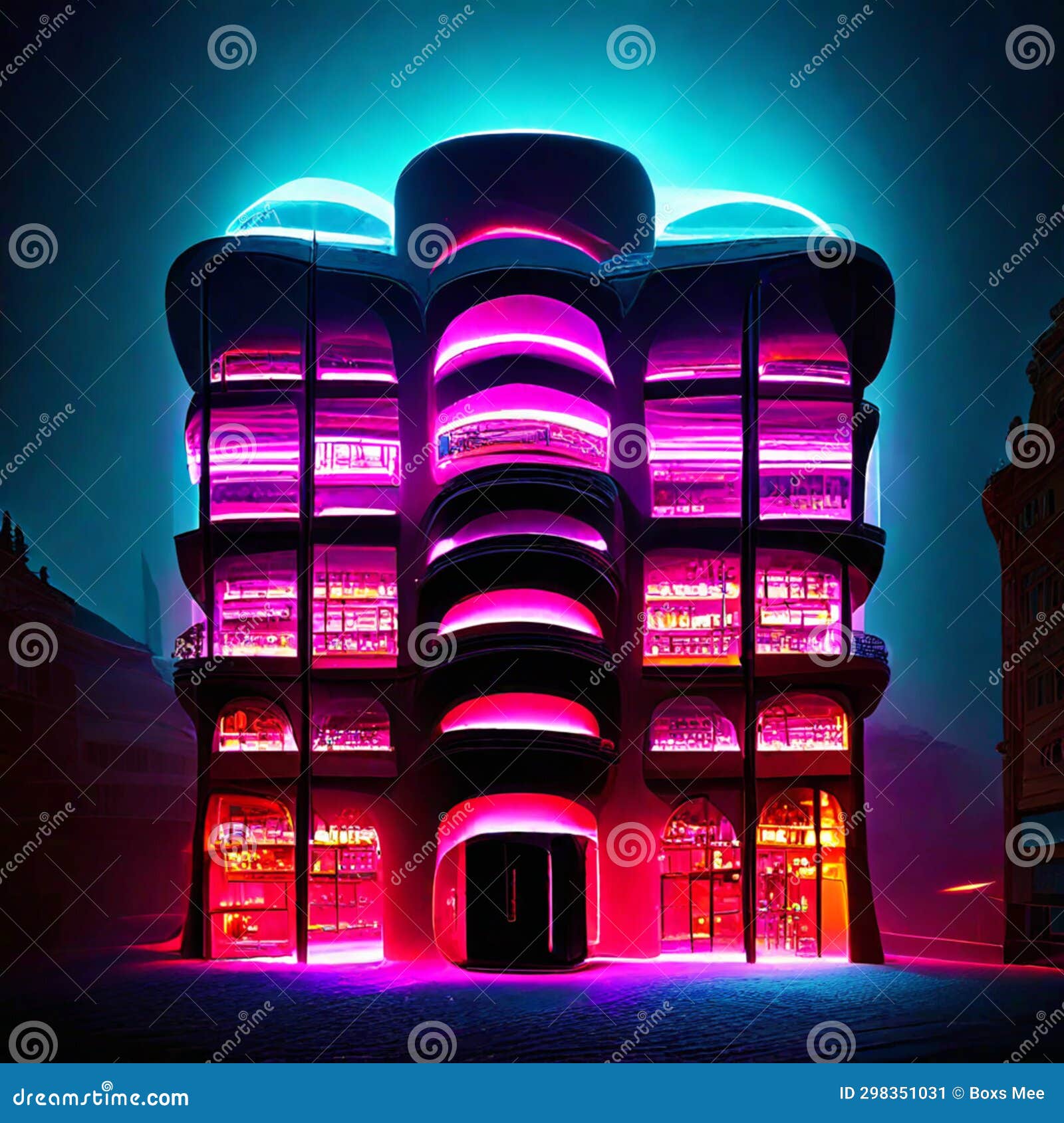 3D Render of a Modern Building Illuminated with Red and Blue Lights ...
