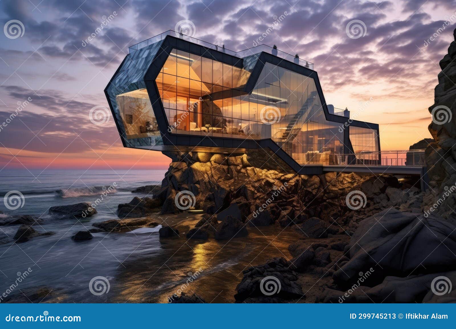 3d Render of Modern Building on the Seashore at Sunset, a Creatively ...
