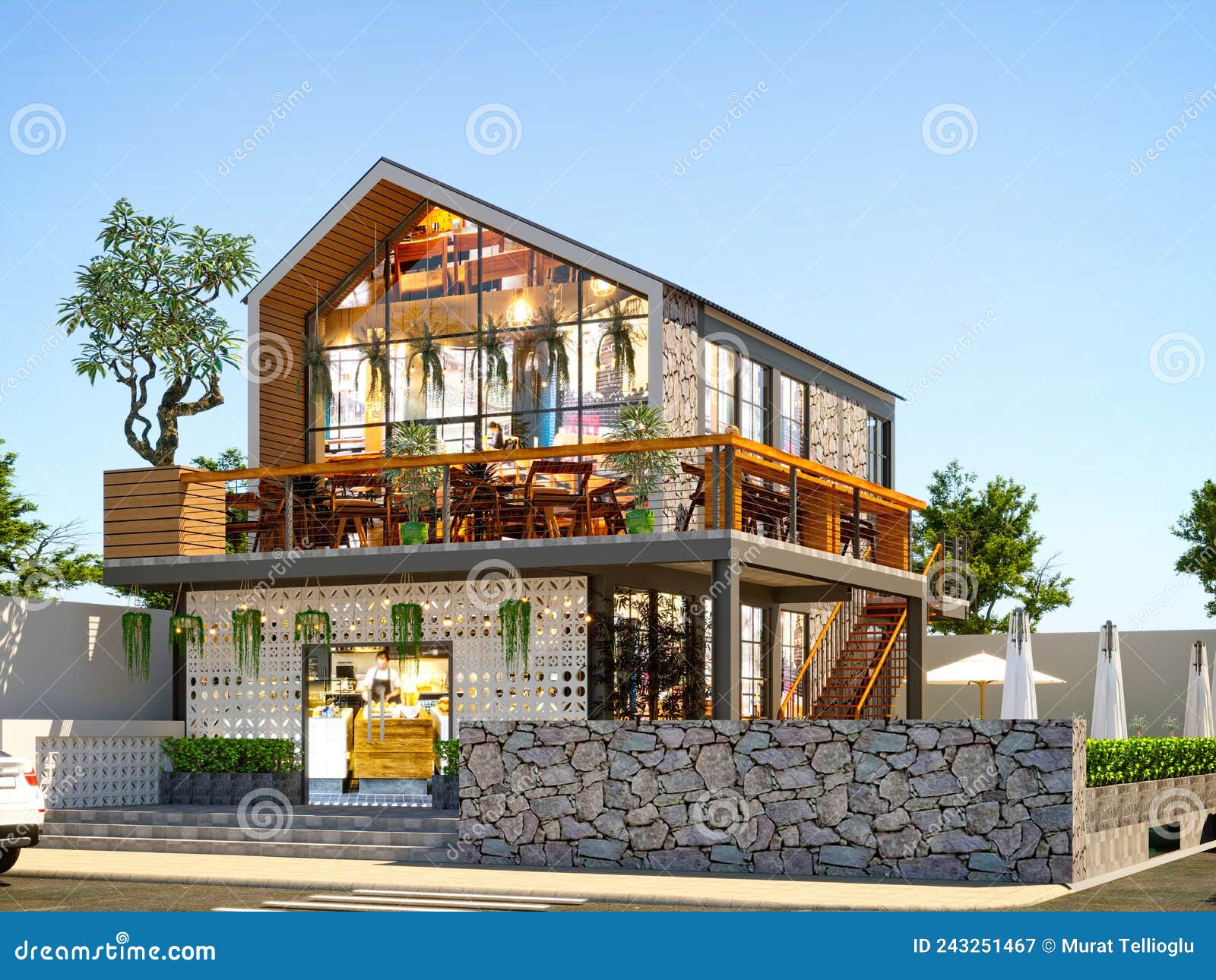 3d Render of Modern Cafe Restaurant Exterior Stock Illustration ...
