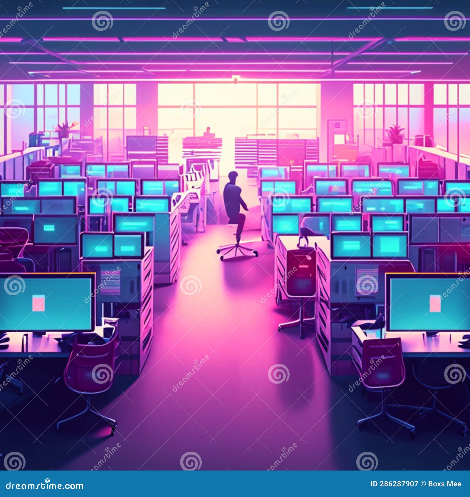 3d Render of Modern Computer Room with Large Windows and Colorful ...