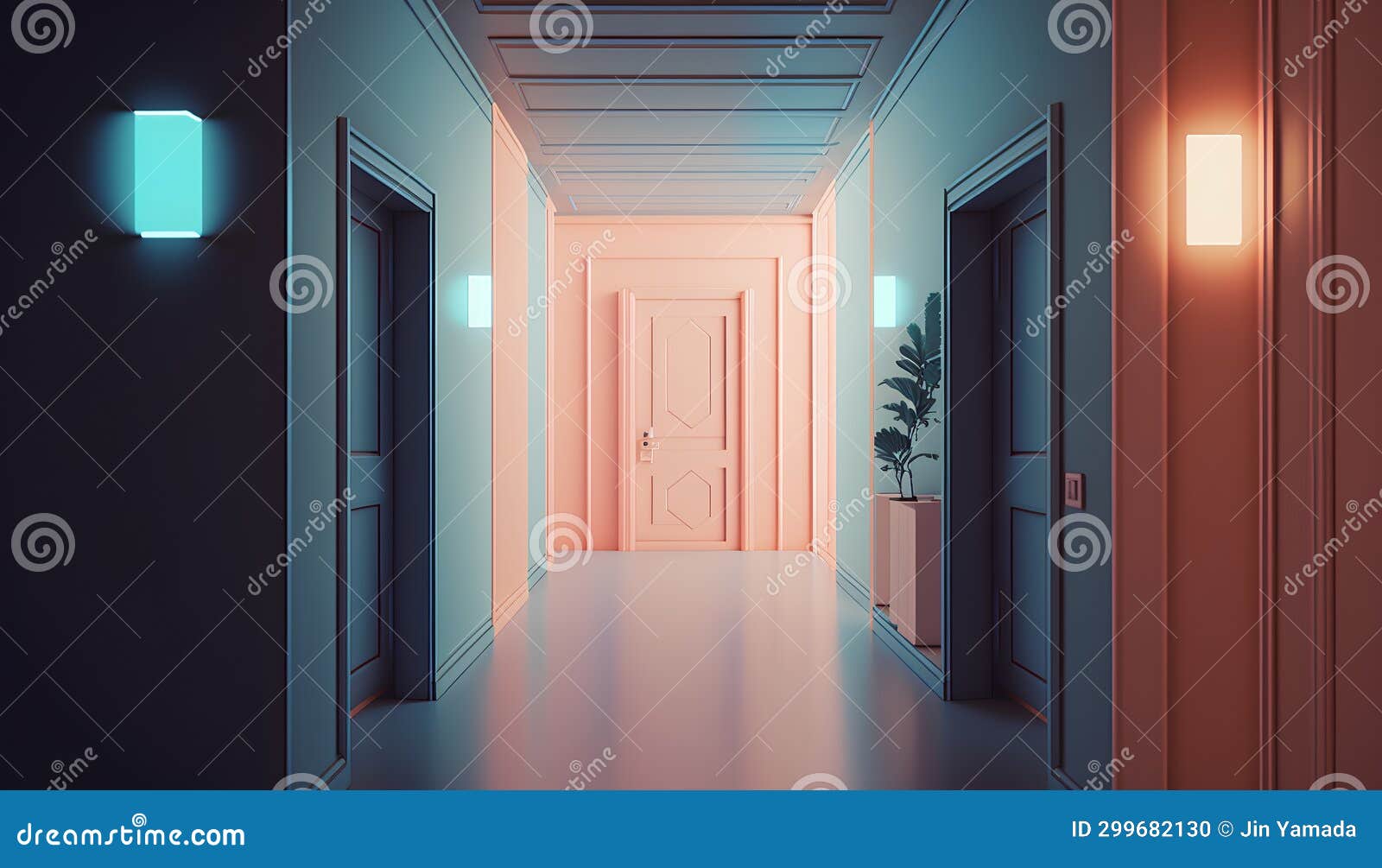 3d Render of Modern Corridor with Door and Lamps. Future Concept Stock ...