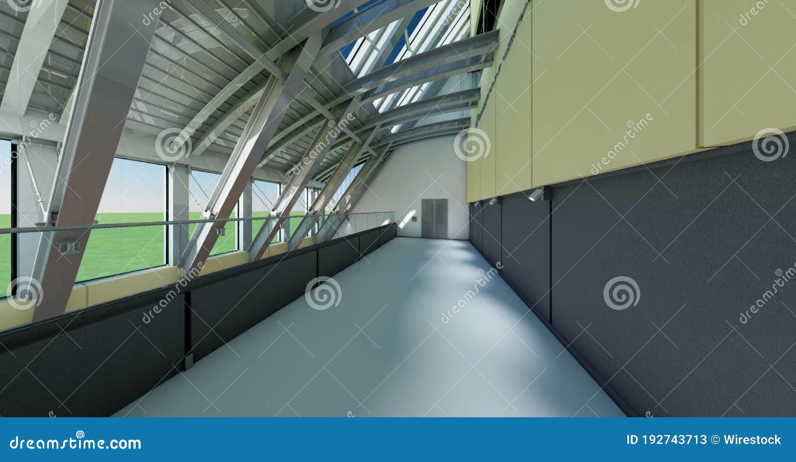 3d Render of a Modern Hallway with the Metal Ceiling and Big Windows ...
