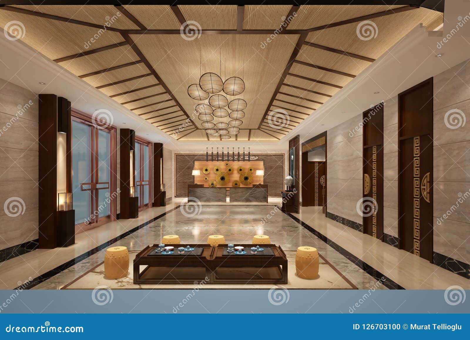3d Render of Modern Hotel Lobby Stock Illustration - Illustration of ...