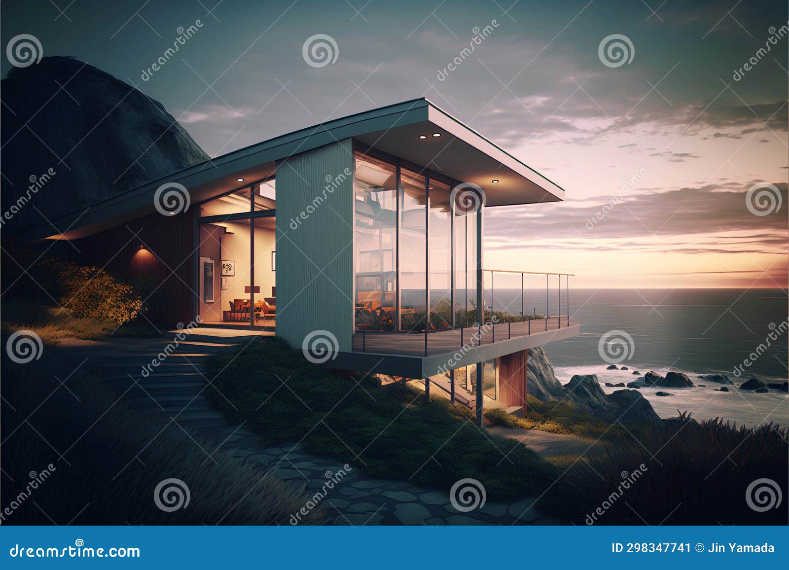 3d Render of Modern House on the Beach at Sunset Time. Stock ...