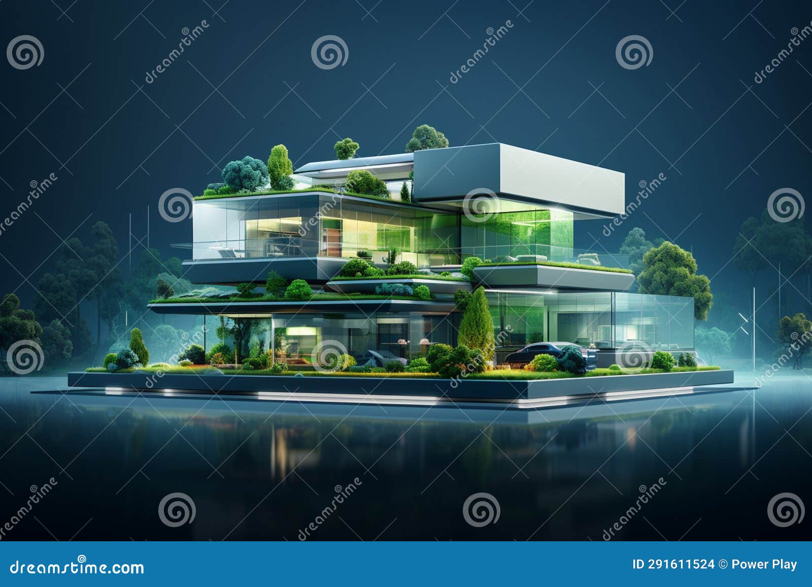 3d Render of Modern House with Green Lights on the Roof Stock ...