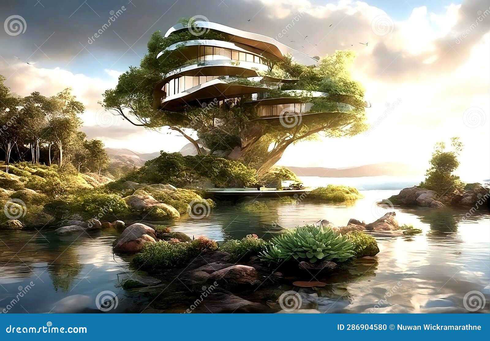 3d Render of a Modern House in the Middle of the Lake Stock ...