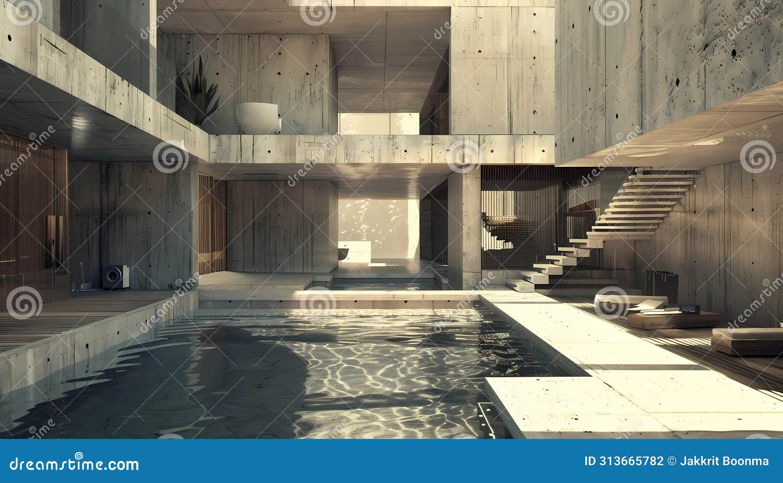 3d Render of Modern Interior with Swimming Pool and Concrete Wall ...