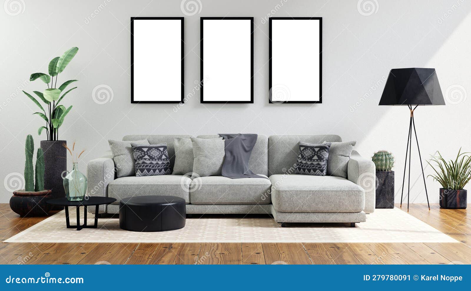 3d Render of Modern Interior with Three Rectangular Photo Frame Mockups ...