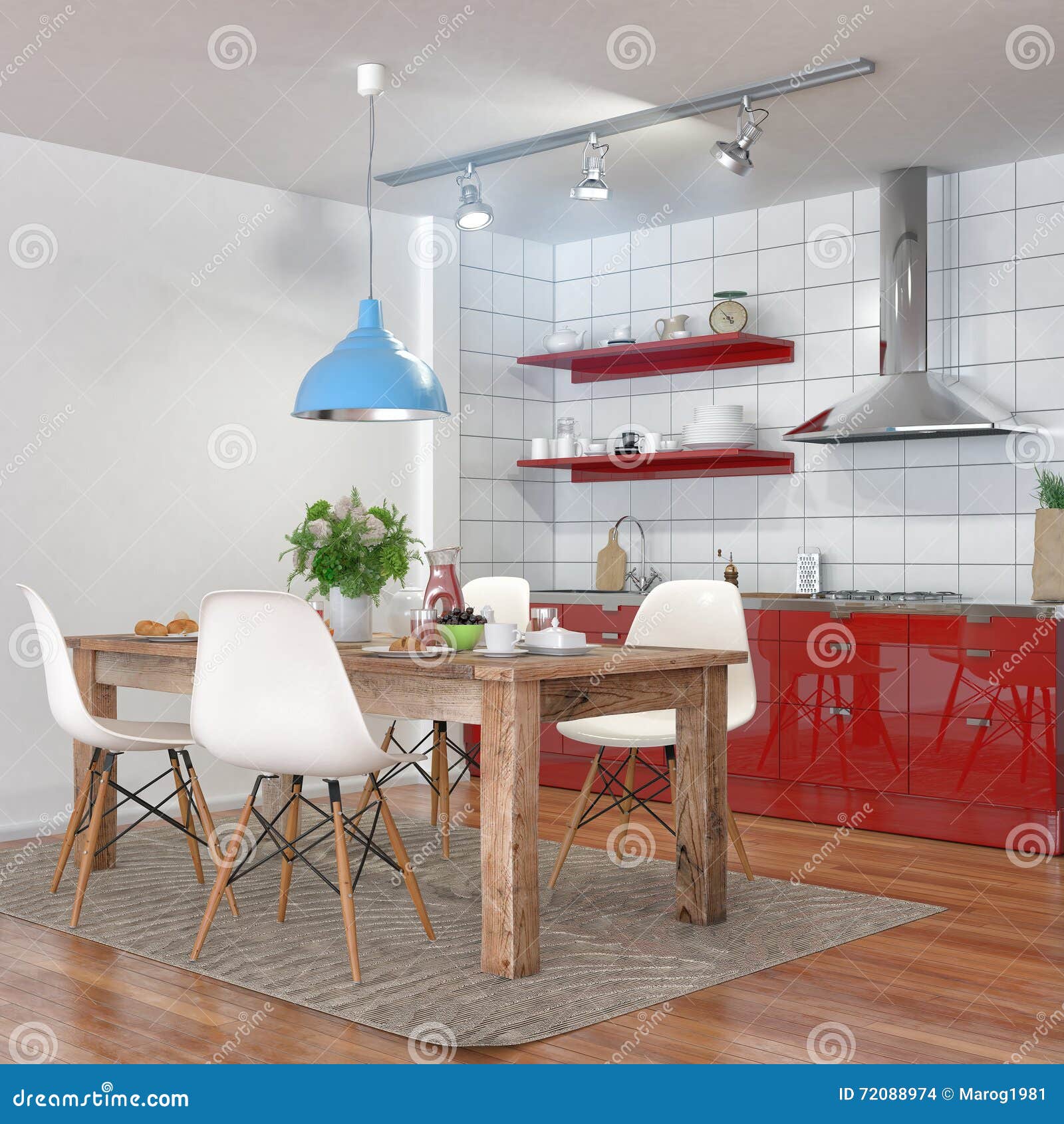 3d Render - Modern Kitchen Interior with Dining Area Stock Illustration ...