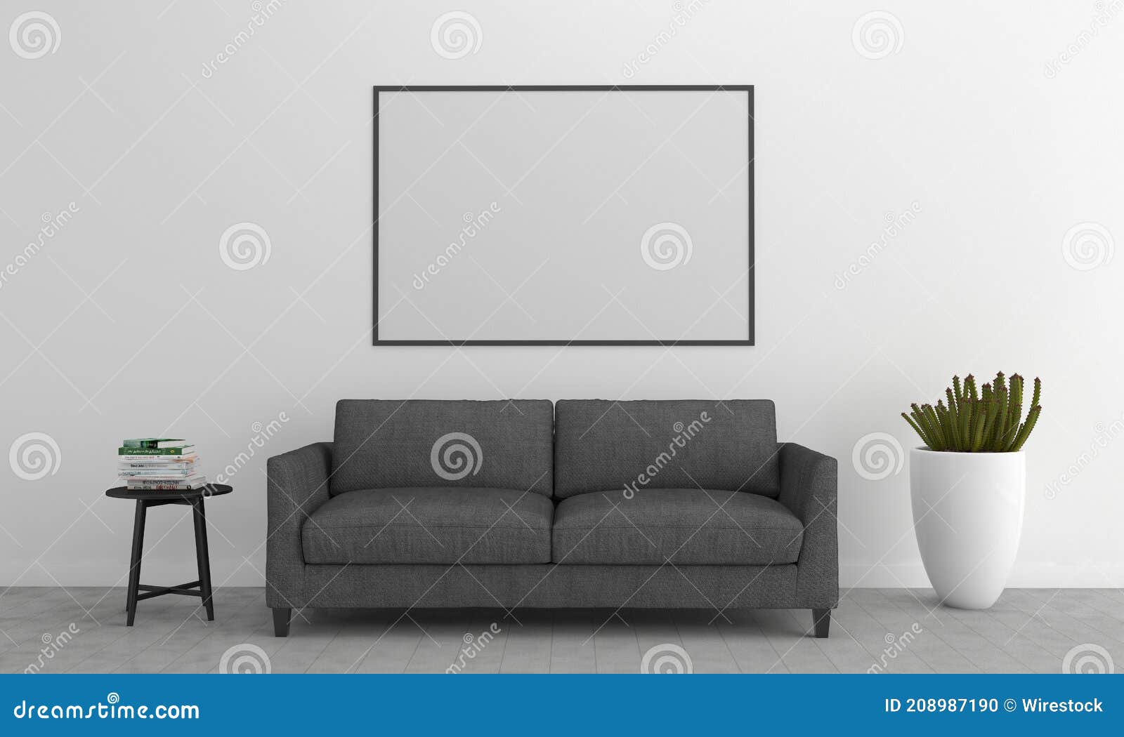3D Render of a Modern Living Room with a Blank Frame on the Wall Stock ...