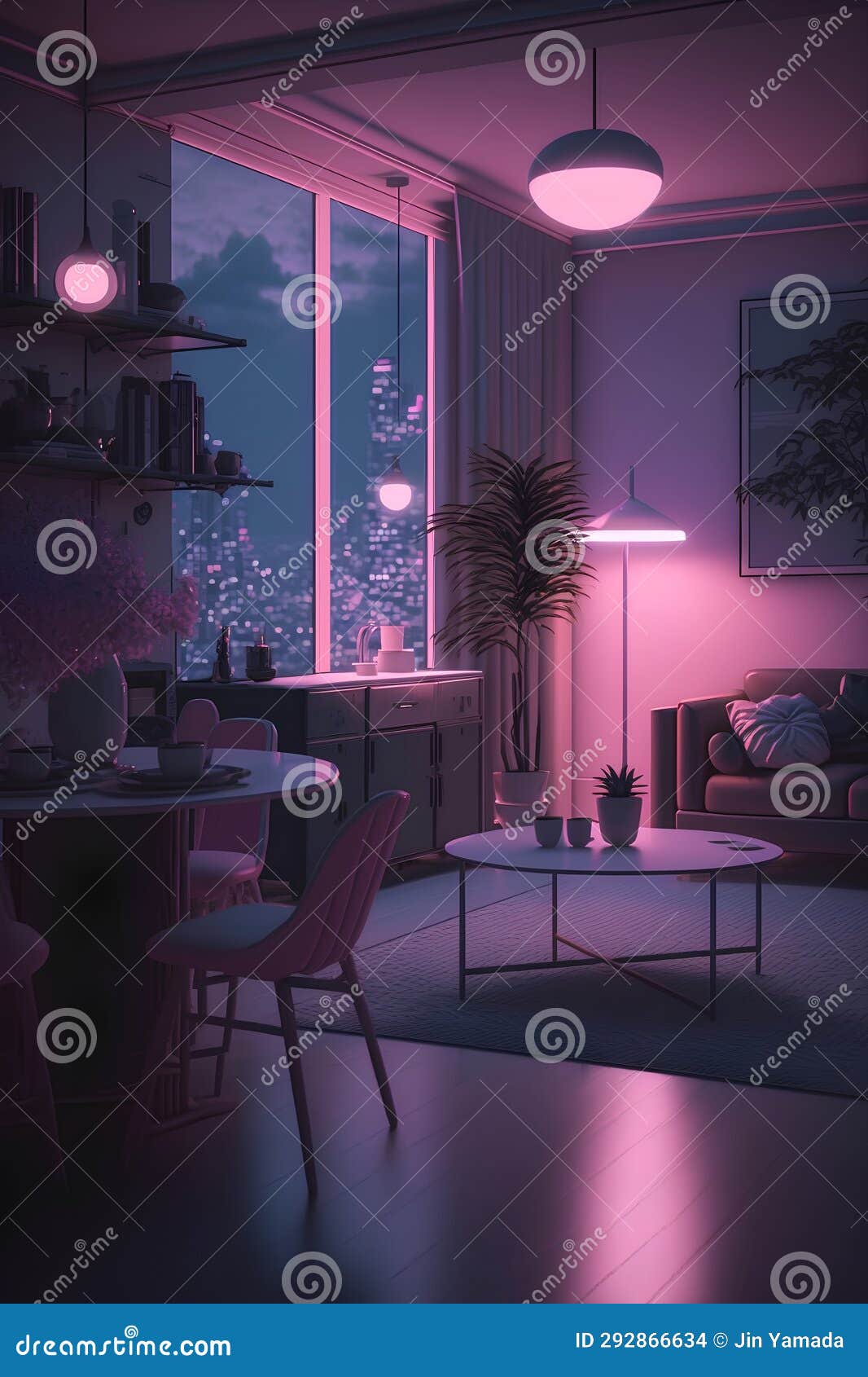 3d Render of Modern Living Room Interior Design with Night City View ...