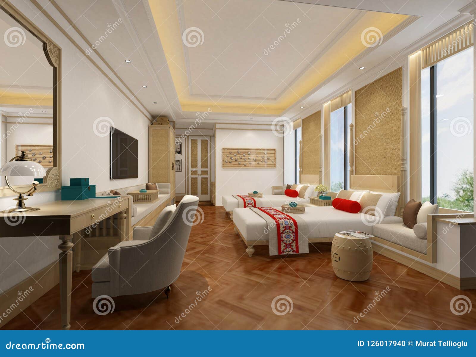 3d render of hotel room stock illustration. Illustration of decor ...