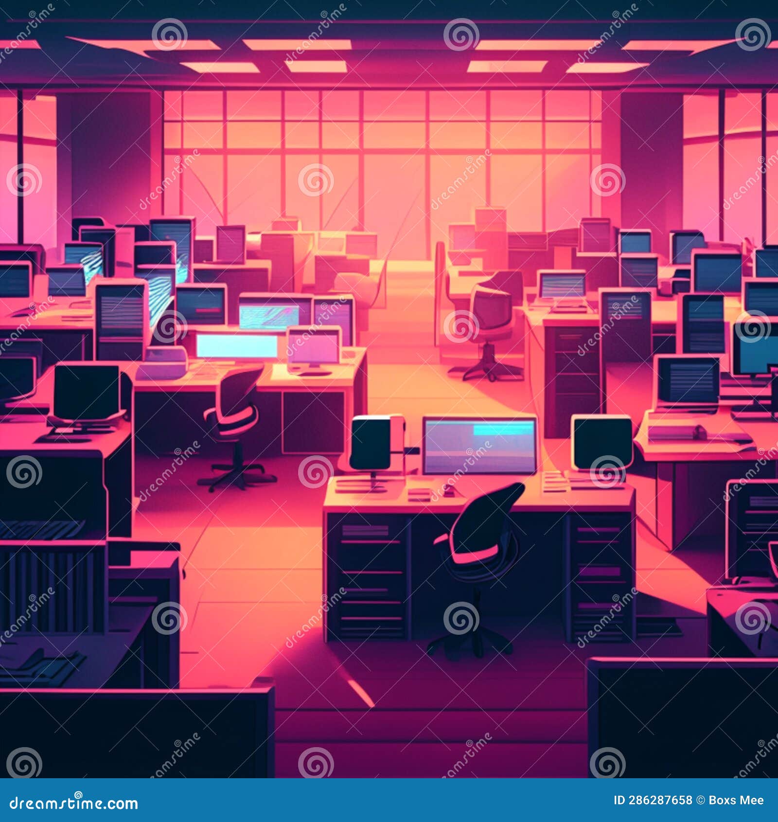 3d Render of a Modern Office Interior with Computers in Neon Light AI ...