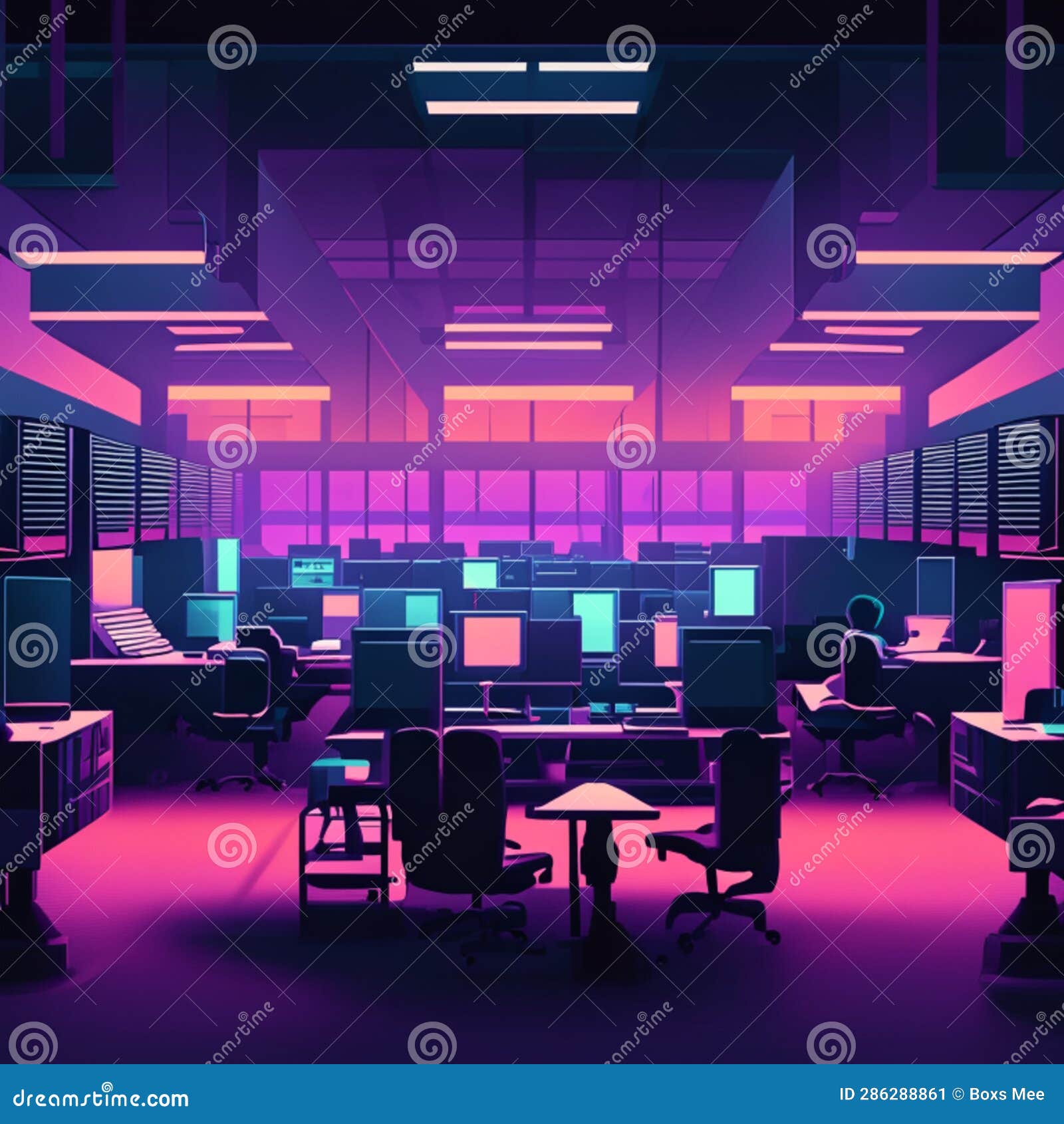 3d Render of Modern Office Interior with Neon Lights. Night Scene ...