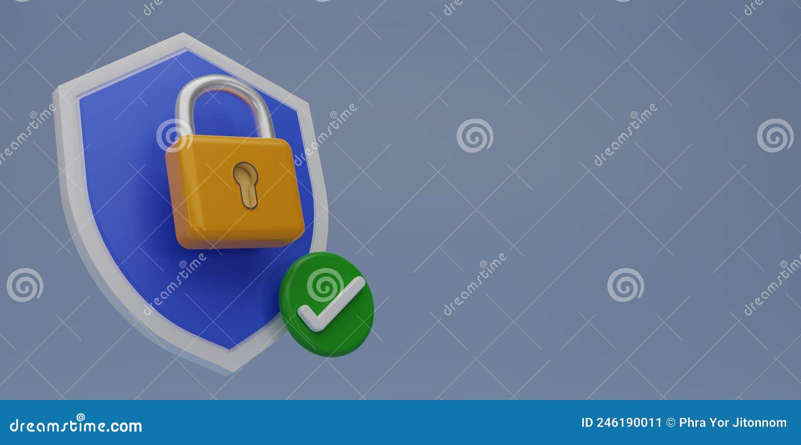 3D Render Modern Shield with Padlock and Check Mark Icon on Blue ...