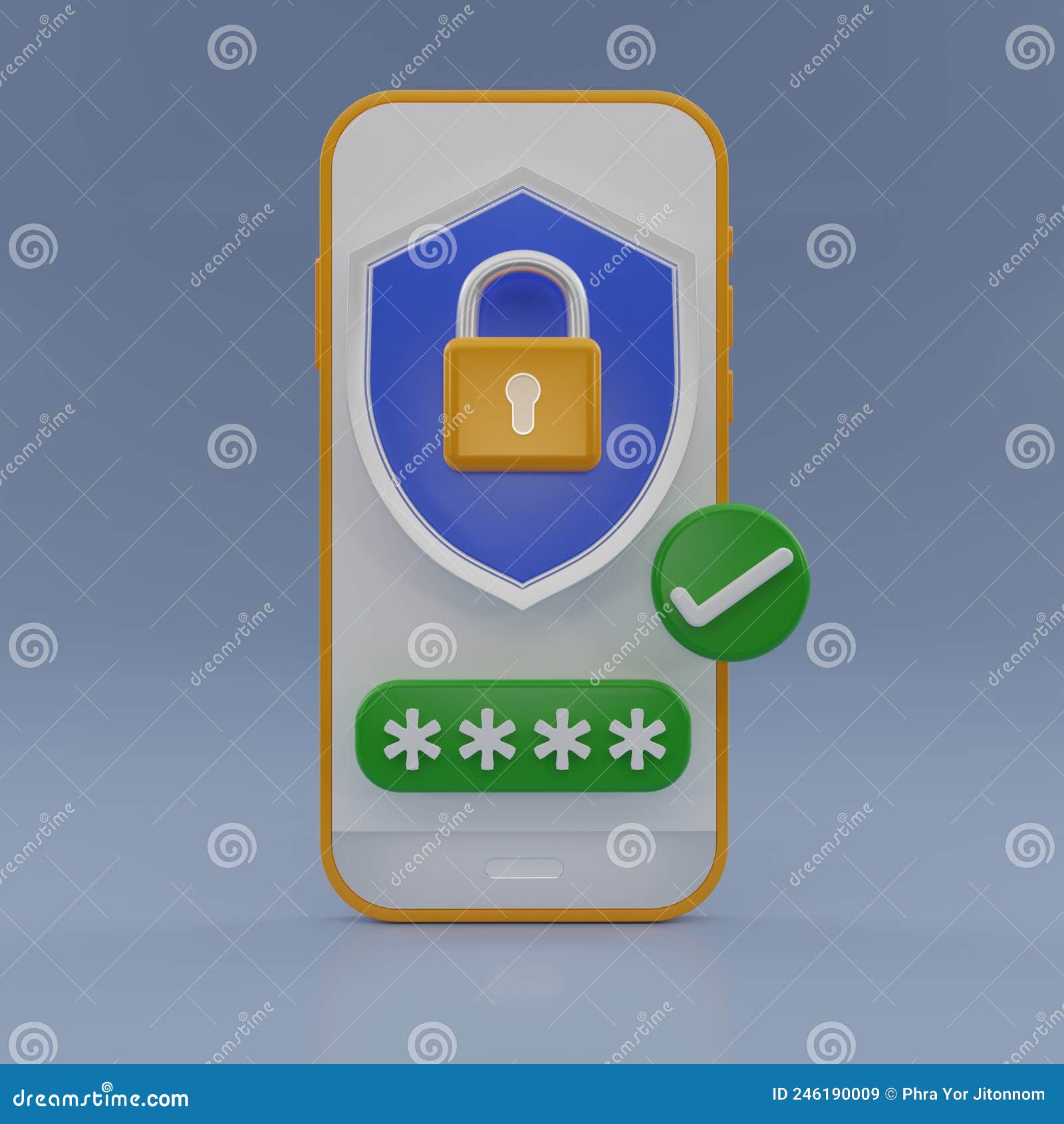 3D Render Modern Smartphone With Shield, Padlock And Check Mark Icon On ...