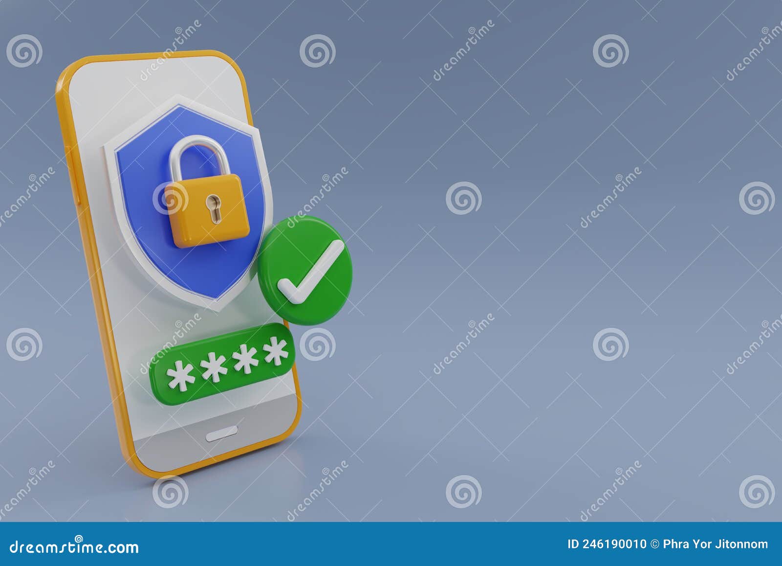 3D Render Modern Smartphone with Shield, Padlock and Check Mark Icon ...