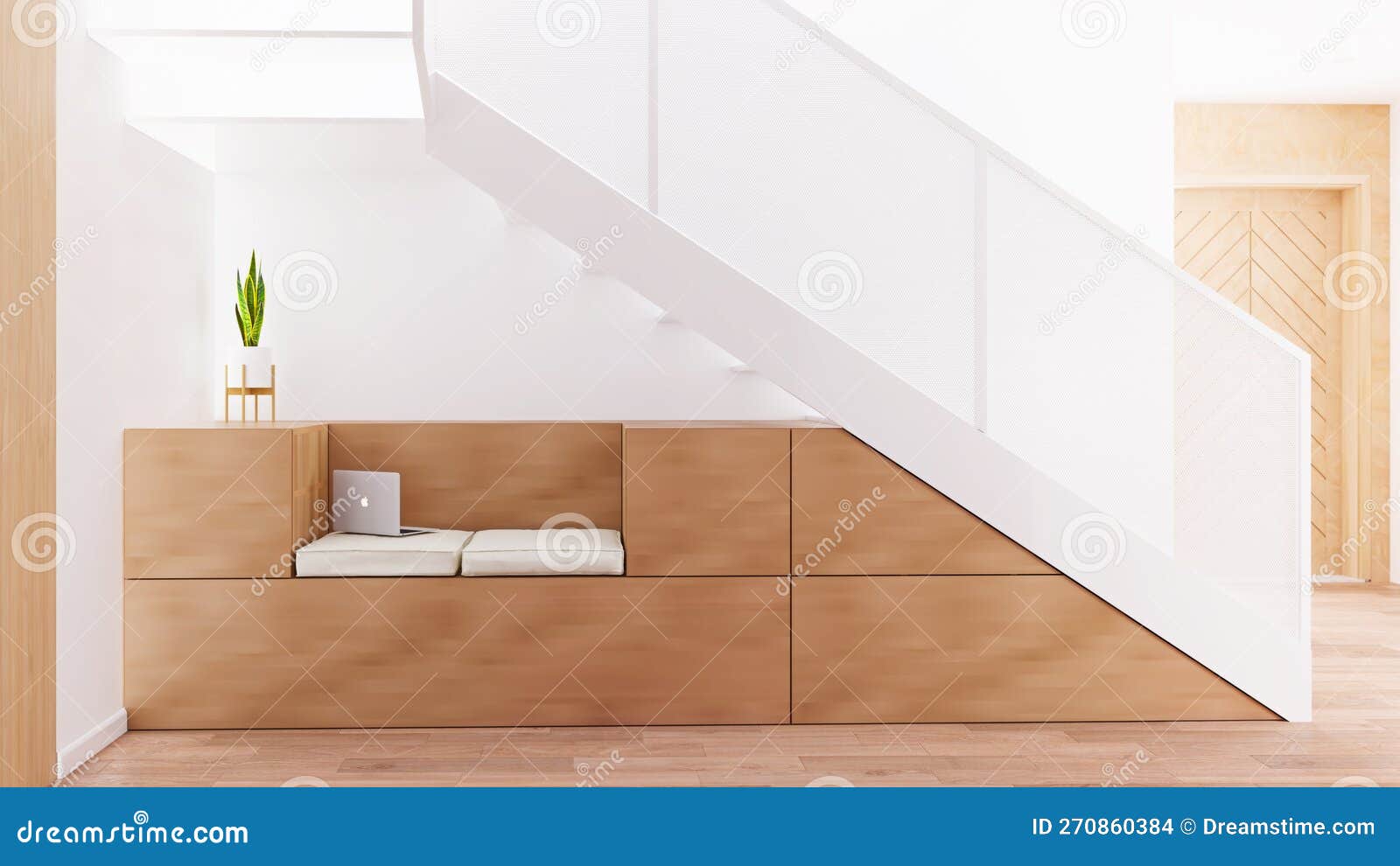 3D Render Of A Stair In Modern Interior With Wooden Floor And Grey ...