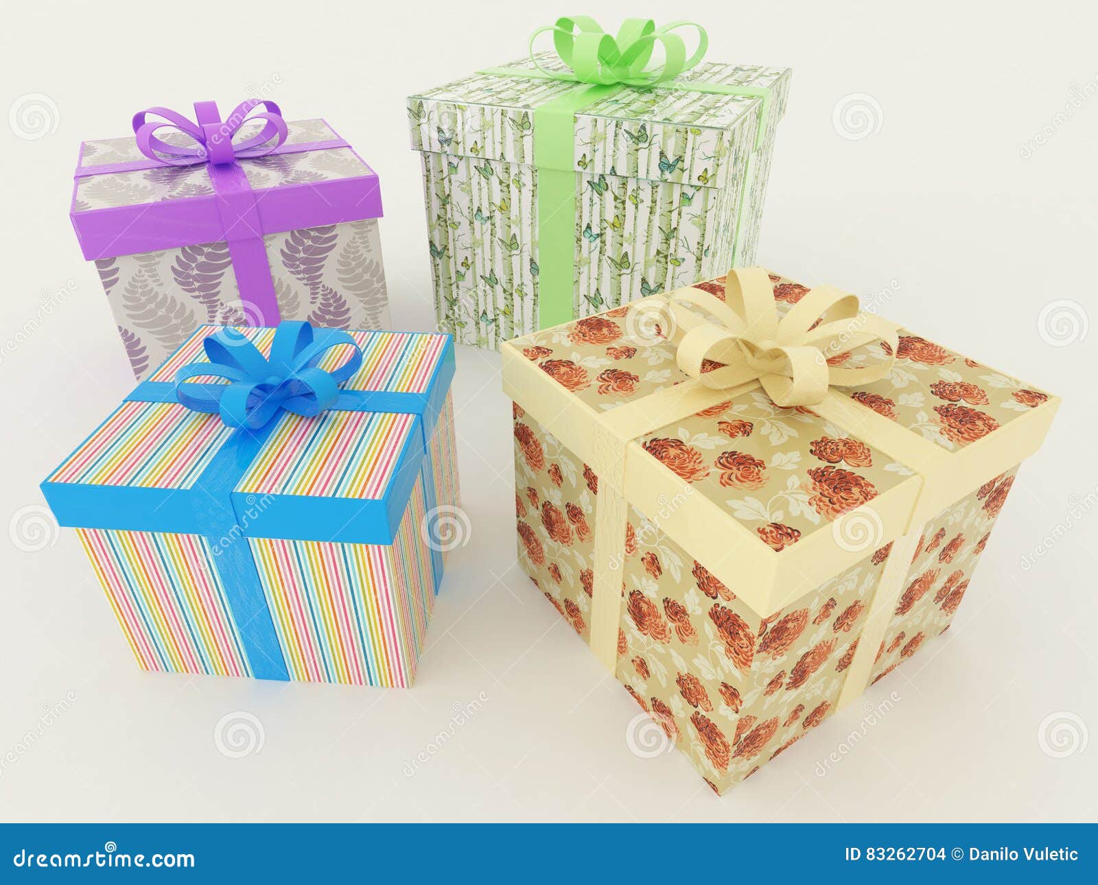 3D Render of a Multicolor Wrapped Holiday Presents with Ribbons Stock ...