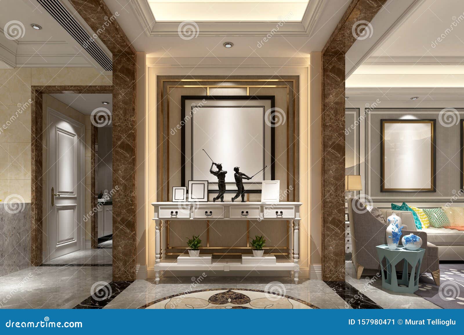 3d Render of Neo Classic Living Room Stock Illustration - Illustration ...