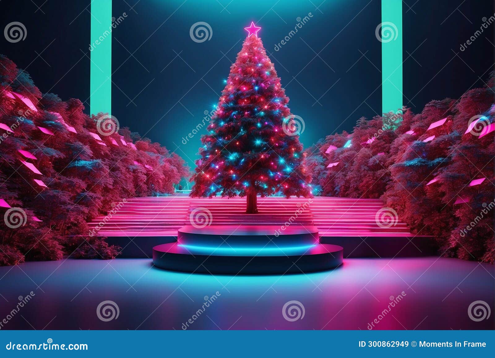 3d Render Neon Abstract Background, Christmas Tree in the Night, Neon ...